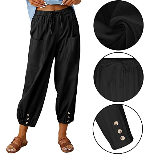 Women's High Waist Pants Drawstring Capri Pants with Pockets Wide Leg Cropped Pants for Women Black Large