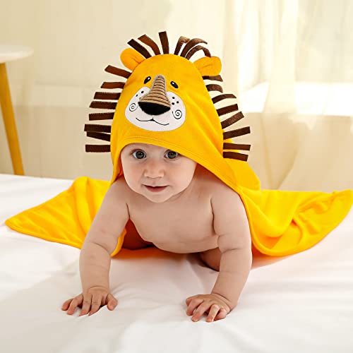 SYNPOS Baby Towels Hooded, Hooded Baby Towel with 5 Washcloths, Ultra Absorbent, Perfect Newborn Essential Cute Lion Design - 30 x 30 Inch