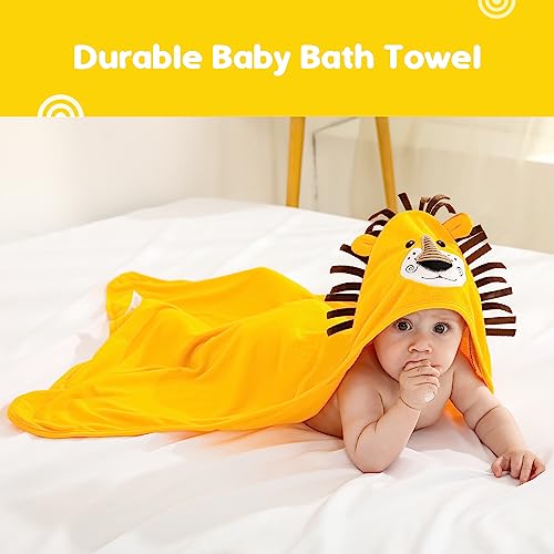 SYNPOS Baby Towels Hooded, Hooded Baby Towel with 5 Washcloths, Ultra Absorbent, Perfect Newborn Essential Cute Lion Design - 30 x 30 Inch