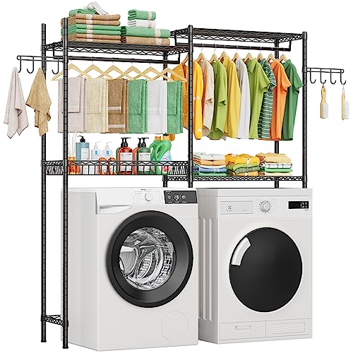 LEHOM Clothes Drying Rack,Over The Washer and Dryer Storage Shelf,Over Dryer Towel Racks Bathroom Space Saving 2 Tiers Adjustable Height Standing Shelving Units with Wire Basket Side Hook-Carbon Steel