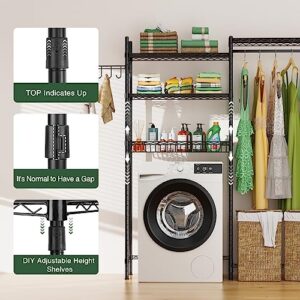 LEHOM Clothes Drying Rack,Over The Washer and Dryer Storage Shelf,Over Dryer Towel Racks Bathroom Space Saving 2 Tiers Adjustable Height Standing Shelving Units with Wire Basket Side Hook-Carbon Steel