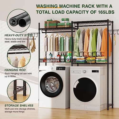 LEHOM Clothes Drying Rack,Over The Washer and Dryer Storage Shelf,Over Dryer Towel Racks Bathroom Space Saving 2 Tiers Adjustable Height Standing Shelving Units with Wire Basket Side Hook-Carbon Steel