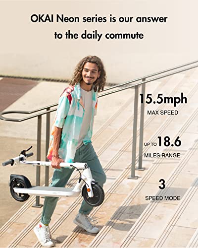 OKAI Neon Lite Electric Scooter - Up to 15.5 MPH, 18.6 Miles Long Range, E Scooter for Adults and Beginners, Lightweight Commuter Scooter with Ambient Light, UL Tested