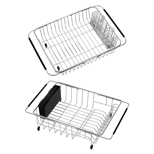 SANNO Dish Drying Rack with Stainless Steel Utensil Holder Sink Dish Rack Adjustable Dish Drainer with Removable Silverware Holder