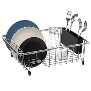 SANNO Dish Drying Rack with Stainless Steel Utensil Holder Sink Dish Rack Adjustable Dish Drainer with Removable Silverware Holder