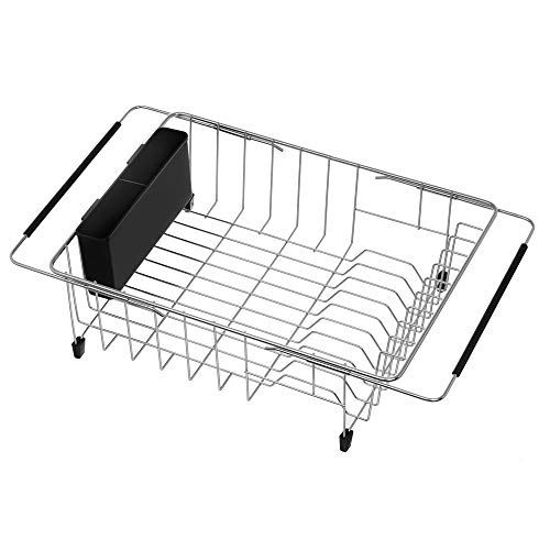 SANNO Dish Drying Rack with Stainless Steel Utensil Holder Sink Dish Rack Adjustable Dish Drainer with Removable Silverware Holder