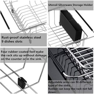 SANNO Dish Drying Rack with Stainless Steel Utensil Holder Sink Dish Rack Adjustable Dish Drainer with Removable Silverware Holder