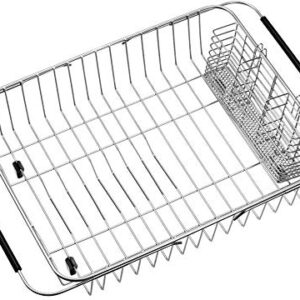 SANNO Dish Drying Rack with Stainless Steel Utensil Holder Sink Dish Rack Adjustable Dish Drainer with Removable Silverware Holder