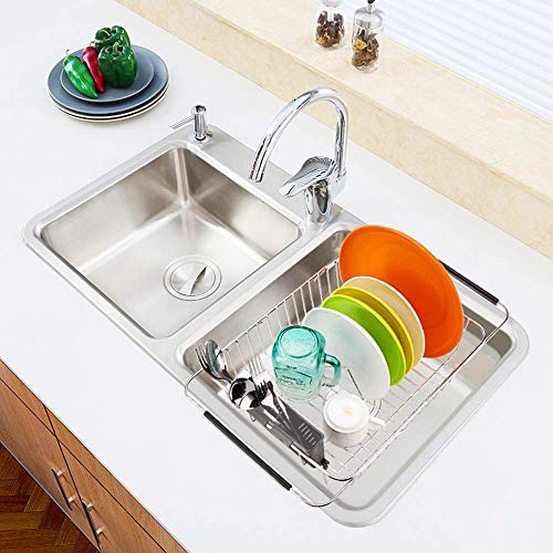 SANNO Dish Drying Rack with Stainless Steel Utensil Holder Sink Dish Rack Adjustable Dish Drainer with Removable Silverware Holder