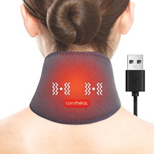 comfheat usb neck heating pad with vibration heated neck wrap for pain relief, neck massage heat pad thermal wram therapy for soreness stiffness, 3 heat levels auto shut off (non-rechargeable)