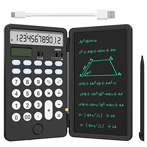 NEWYES Portable Calculator with Notepad, Basic Calculator with Writing Tablet,12 Digits Large Display Rechargeable Solar Power Desk Calculator for Office, School (Black)