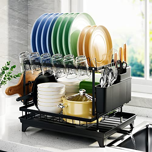 kenvc Dish Drying Rack,Dish Rack Kitchen Counter,Dish Racks for Kitchen Counter,Board Holder, 6 Cup Holder，Removable Large Capacity Dish Drainer, Rust-Proof Dish Drainer, Black