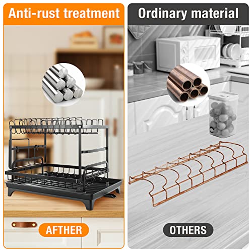 kenvc Dish Drying Rack,Dish Rack Kitchen Counter,Dish Racks for Kitchen Counter,Board Holder, 6 Cup Holder，Removable Large Capacity Dish Drainer, Rust-Proof Dish Drainer, Black