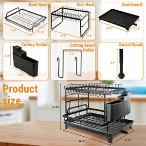 kenvc Dish Drying Rack,Dish Rack Kitchen Counter,Dish Racks for Kitchen Counter,Board Holder, 6 Cup Holder，Removable Large Capacity Dish Drainer, Rust-Proof Dish Drainer, Black