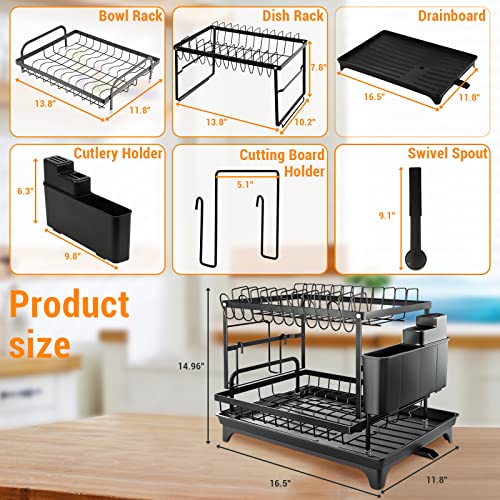 kenvc Dish Drying Rack,Dish Rack Kitchen Counter,Dish Racks for Kitchen Counter,Board Holder, 6 Cup Holder，Removable Large Capacity Dish Drainer, Rust-Proof Dish Drainer, Black