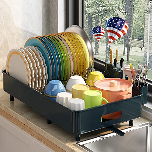 ilvvan Dish Drying Rack with Drainboard Set Length Adjustable（12.8" - 20"） Compact Dish Drainer, 1 Piece Gray