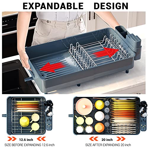 ilvvan Dish Drying Rack with Drainboard Set Length Adjustable（12.8" - 20"） Compact Dish Drainer, 1 Piece Gray