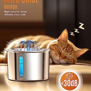 oneisall Cat Water Fountain 316 Stainless Steel, 2L/67oz Automatic Water Fountain for Cats Inside, 3 Replacement Filters & Visual Water Level Window with LED/Pet Supplies