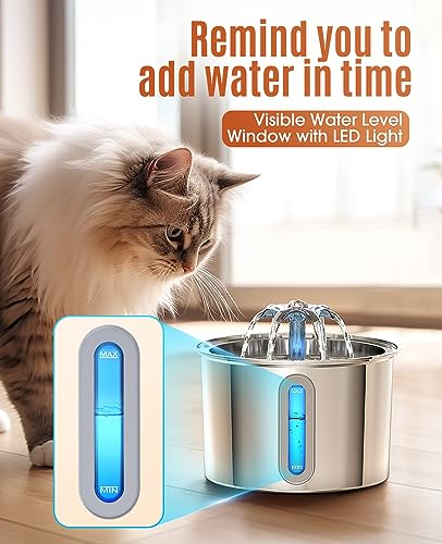 oneisall Cat Water Fountain 316 Stainless Steel, 2L/67oz Automatic Water Fountain for Cats Inside, 3 Replacement Filters & Visual Water Level Window with LED/Pet Supplies