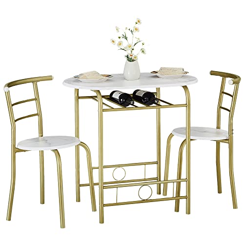 VECELO 3 Piece Small Round Dining Table Set for Kitchen Breakfast Nook, Wood Grain Tabletop with Wine Storage Rack, Save Space, 31.5", White & Gold