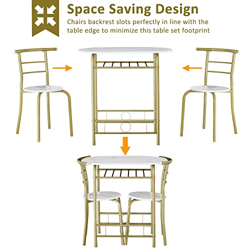 VECELO 3 Piece Small Round Dining Table Set for Kitchen Breakfast Nook, Wood Grain Tabletop with Wine Storage Rack, Save Space, 31.5", White & Gold