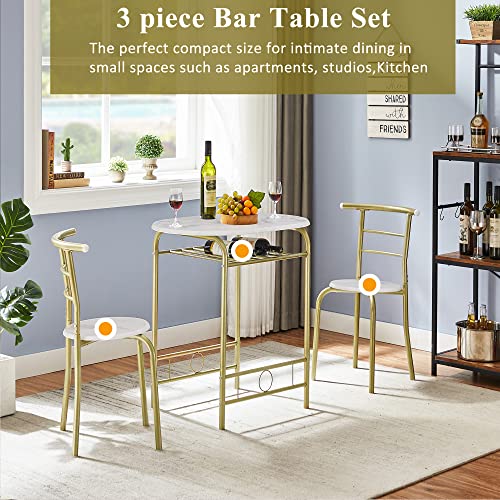 VECELO 3 Piece Small Round Dining Table Set for Kitchen Breakfast Nook, Wood Grain Tabletop with Wine Storage Rack, Save Space, 31.5", White & Gold