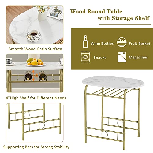 VECELO 3 Piece Small Round Dining Table Set for Kitchen Breakfast Nook, Wood Grain Tabletop with Wine Storage Rack, Save Space, 31.5", White & Gold