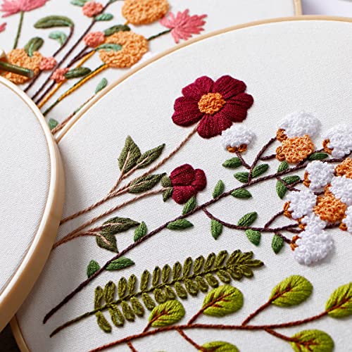 ojindiy 4 Sets Embroidery Kit Starter with Pattern and Instructions, DIY Beginner Starter Cross Stitch Kit Include 1 Embroidery Hoop, Needlework for Adults (Flower-Happy time)