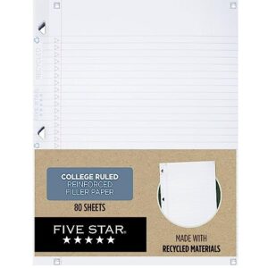 five star loose leaf paper plus study app, notebook paper, college ruled filler paper, reinforced, recycled, 8.5 x 11, 80 sheets (170023),white