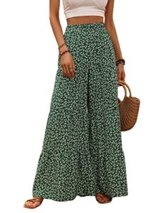 makemechic women's floral high waisted ruffle wide leg pants boho summer beach palazzo pants green l