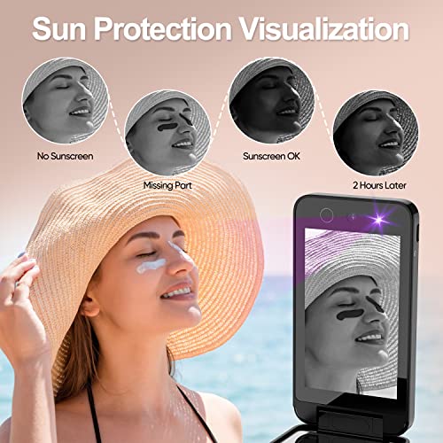 Compact & Portable UV Mirror, Travel Makeup Mirror with UV Camera for Testing Sunscreen, 4 Inch Rechargeable Vanity Mirror Handheld Double-Sided Pocket Mirror for Skin Protection