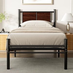 haoara twin xl size bed frame with rustic wood headboard, metal heavy duty platform frame, sturdy steel slat support, no box spring needed, black