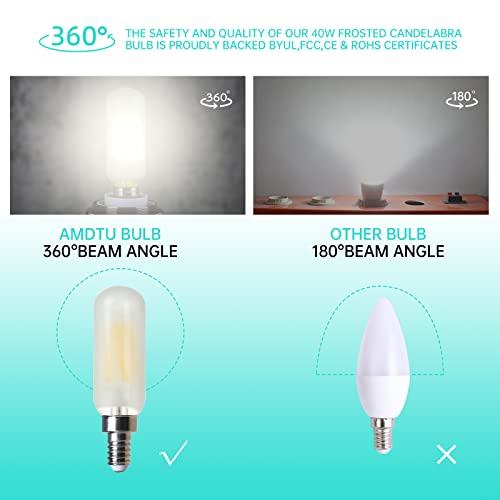 AMDTU E12 LED Bulb Daylight White 4000K, Frosted Candelabra Light Bulbs 40 Watt LED Dimmable, 4W Tubular T6 T25 Chandelier Light Bulb, Candle Light Bulb UL Listed, 6 Pack