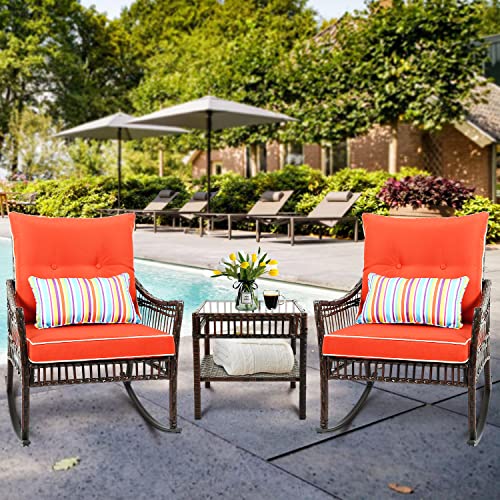 CIRMUBUY 3-Piece Outdoor Furniture Set, Rocking Conversation Chair, Wicker Cushioned Patio Rocker with Side Table for Porch, Garden, Poolside & Deck, Orange