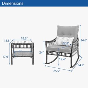 CIRMUBUY 3-Piece Outdoor Furniture Set, Rocking Conversation Chair, Wicker Cushioned Patio Rocker with Side Table for Porch, Garden, Poolside & Deck, Orange