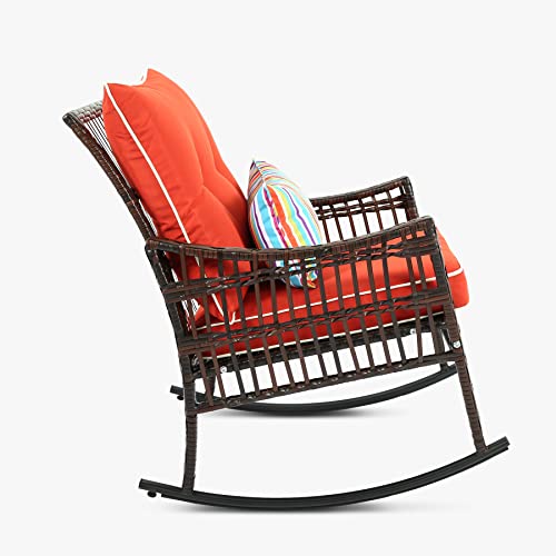 CIRMUBUY 3-Piece Outdoor Furniture Set, Rocking Conversation Chair, Wicker Cushioned Patio Rocker with Side Table for Porch, Garden, Poolside & Deck, Orange