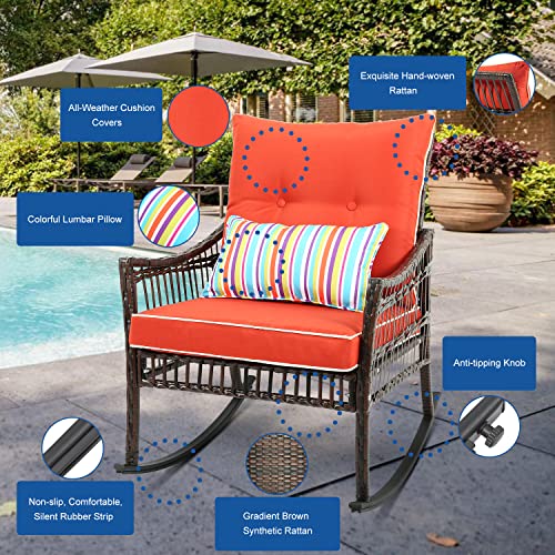 CIRMUBUY 3-Piece Outdoor Furniture Set, Rocking Conversation Chair, Wicker Cushioned Patio Rocker with Side Table for Porch, Garden, Poolside & Deck, Orange