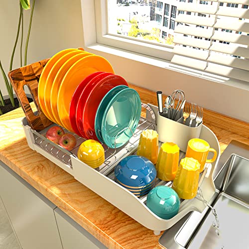 Genteen Dish Drying Rack, Dish Racks for Kitchen Counter Expandable Dish Drainer with Stainless Steel Cutlery Rack and Utensil Holder, Drying Rack for Kitchen Counter in White