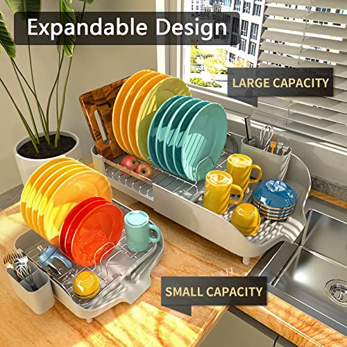 Genteen Dish Drying Rack, Dish Racks for Kitchen Counter Expandable Dish Drainer with Stainless Steel Cutlery Rack and Utensil Holder, Drying Rack for Kitchen Counter in White