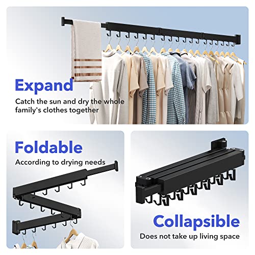 ADUUNKA Clothes Drying Rack Wall Mounted, Wall Mount Laundry Drying Rack, Drying Rack Clothing, Laundry Rack Retractable, Foldable Clothes Hanger Rack, Laundry Hanging Rack, Black Color（J-Hooks