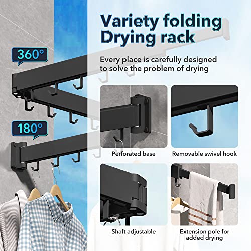 ADUUNKA Clothes Drying Rack Wall Mounted, Wall Mount Laundry Drying Rack, Drying Rack Clothing, Laundry Rack Retractable, Foldable Clothes Hanger Rack, Laundry Hanging Rack, Black Color（J-Hooks