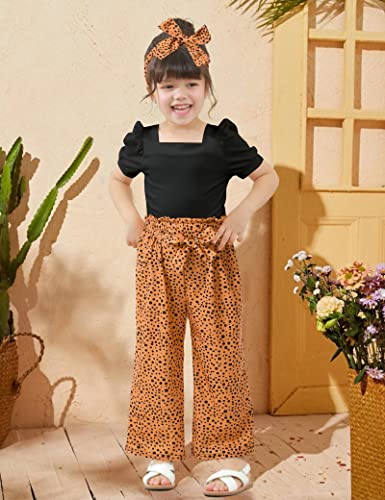 DONWEN Girls Clothes Size 7 8 Kids Clothes Girls Square Neck Short Sleeve Top + dot Wide Leg Pants Spring Summer Girls Outfit Set