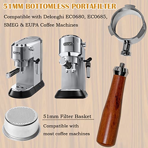 EGNic 51mm Bottomless Portafilter 3 Ears Compatible with Delonghi EC680, EC685, SMEG & EUPA Coffee Machines, Stainless Steel Espresso Naked Portafilter with Filter Basket & Wooden Handle