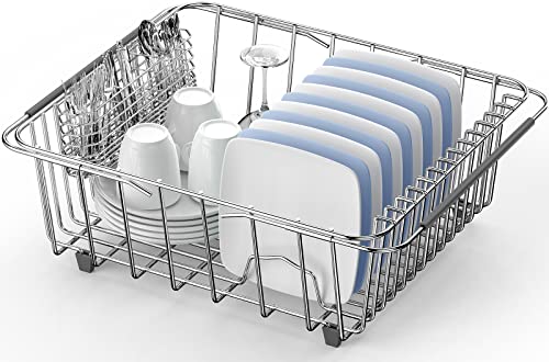 Jobemin Dish Drainer Rack in Sink Adjustable, Expandable 304 Stainless Steel Metal Dish Drying Rack Organizer with Stainless Steel Utensil Holder Over Inside Sink Counter, Rustproof