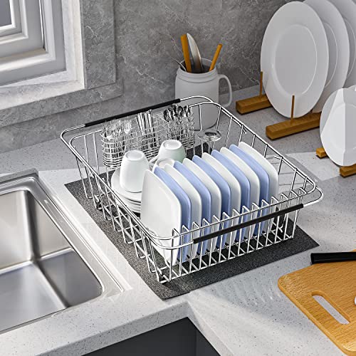 Jobemin Dish Drainer Rack in Sink Adjustable, Expandable 304 Stainless Steel Metal Dish Drying Rack Organizer with Stainless Steel Utensil Holder Over Inside Sink Counter, Rustproof