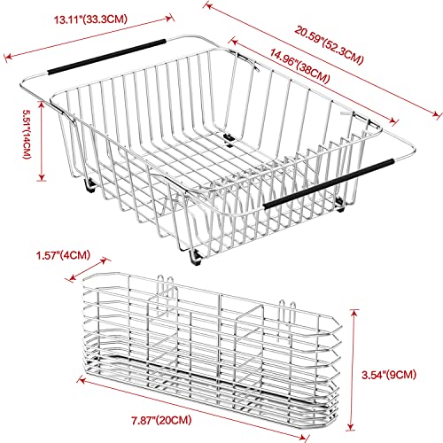 Jobemin Dish Drainer Rack in Sink Adjustable, Expandable 304 Stainless Steel Metal Dish Drying Rack Organizer with Stainless Steel Utensil Holder Over Inside Sink Counter, Rustproof