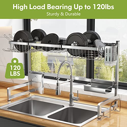 MAJALiS Dish Drying Rack Over The Sink, 304 Stainless Steel 2 Tier Dish Drainers for Kitchen Counter, Adjustable Length (33.5-36 in), Over The Shelf Kitchen Organizer, Sliver