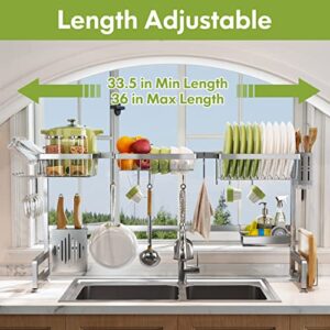 MAJALiS Dish Drying Rack Over The Sink, 304 Stainless Steel 2 Tier Dish Drainers for Kitchen Counter, Adjustable Length (33.5-36 in), Over The Shelf Kitchen Organizer, Sliver