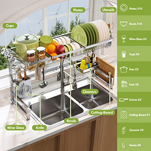 MAJALiS Dish Drying Rack Over The Sink, 304 Stainless Steel 2 Tier Dish Drainers for Kitchen Counter, Adjustable Length (33.5-36 in), Over The Shelf Kitchen Organizer, Sliver