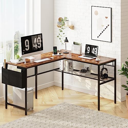 PRAISUN L Shaped Office Desk with Power Outlets, Reversible Computer Desk with Grid Bookshelf and Storage Bag, Gaming Desk, Home Office Desk Corner Desk with Hooks, Rustic Brown